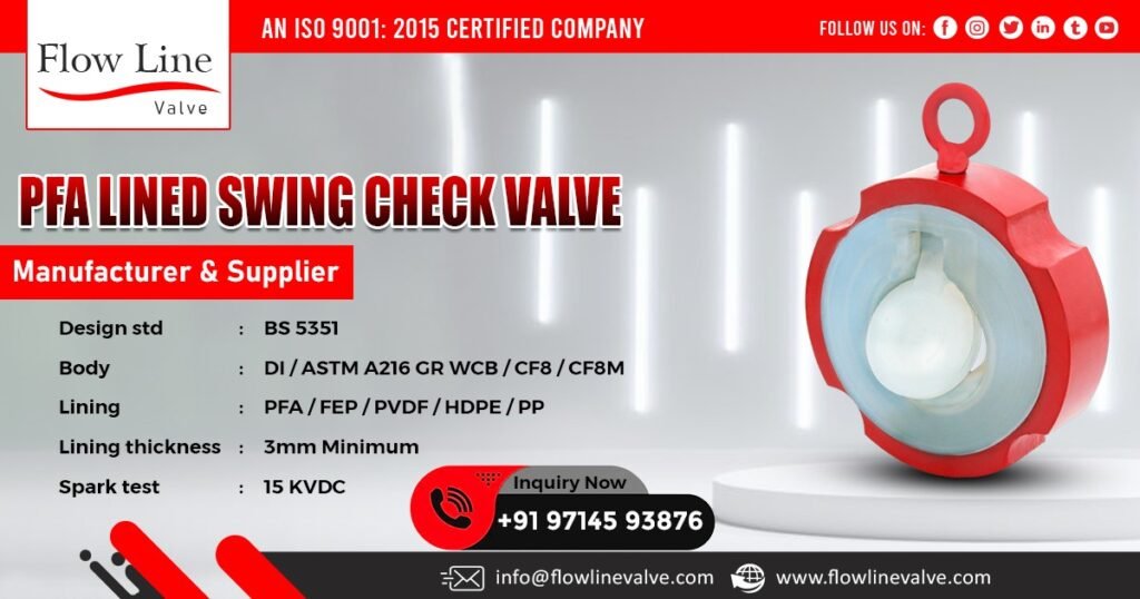 PFA Lined Swing Check Valve in Chhattisgarh | Flowline Valve